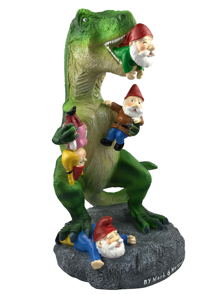T-REX EATING GARDEN GNOMES MASSACRE - BY MARK & MARGOT – bymarkandmargot